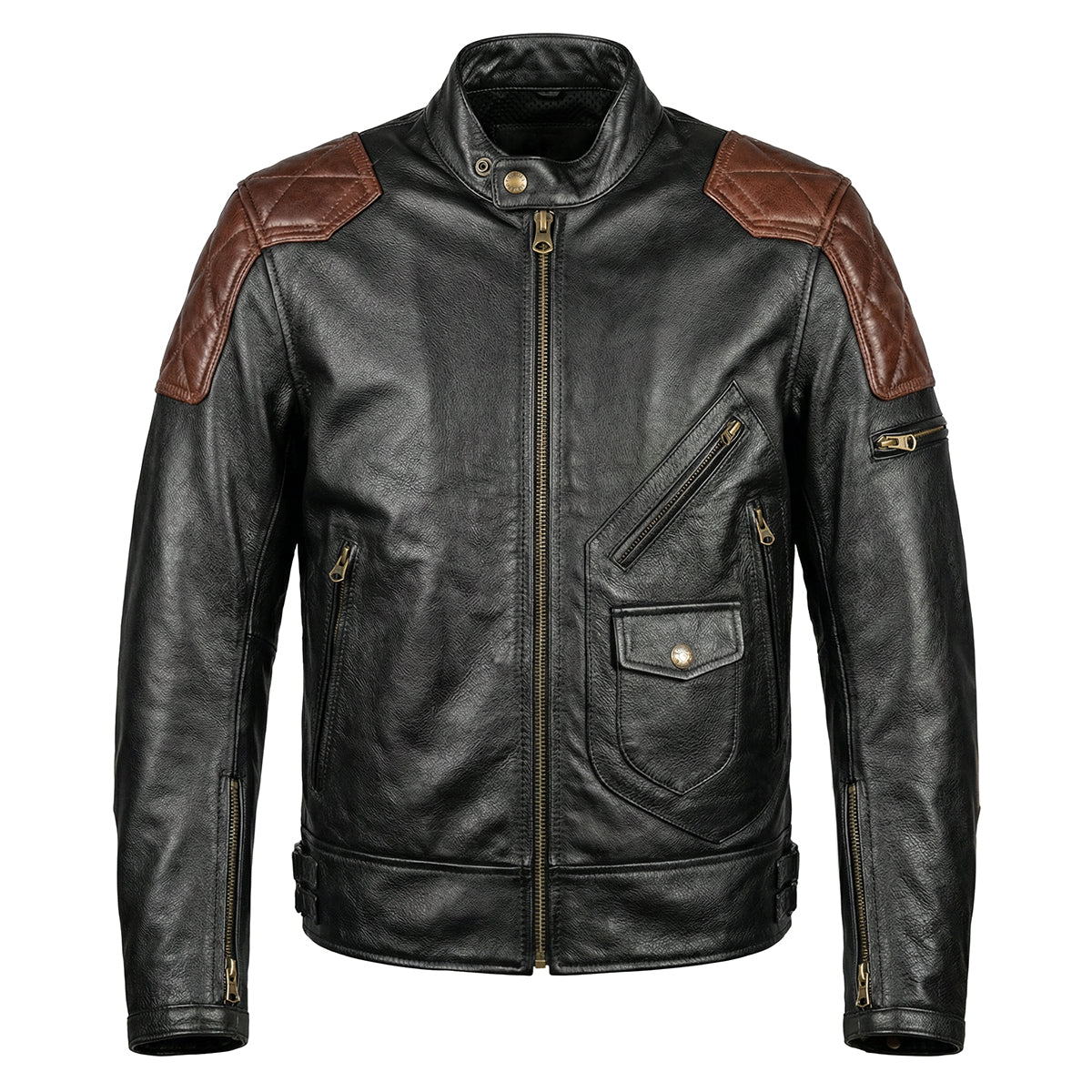 Plaid Stitching Motorcycle Genuine Leather Jacket – Biker Forward